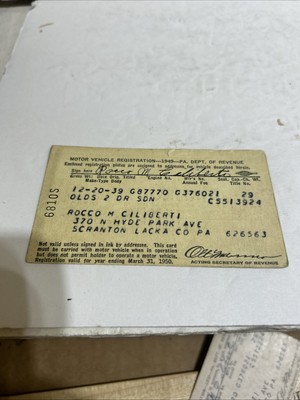 1949-50 Pennsylvania Motor Vehicle Registration Cards for 1939 olds 2 ...