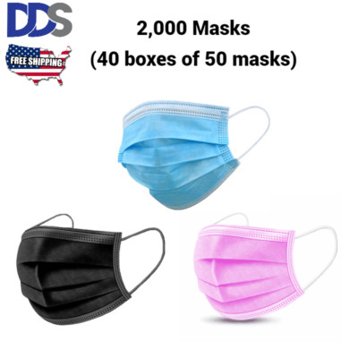 3-Ply Disposable Face Masks-2000 Masks-Blue,Black,Pink-40 Boxes-50 ...