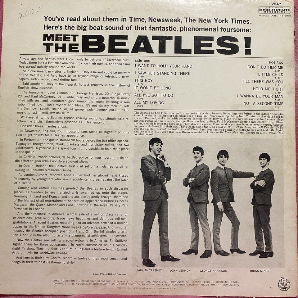 THE BEATLES Meet The Beatles! LP CAPITOL T-2047 **NO BMI / NO ASCAP ...