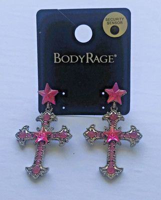 Spencers Body Rage Pink Gemstone Star on Cross Dangle Earrings Punk ...