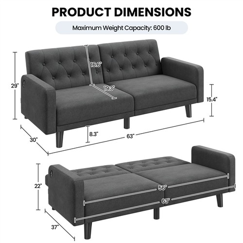 63in Convertible Futon Sofa Bed w/ USB Ports for Small Spaces Apartment ...