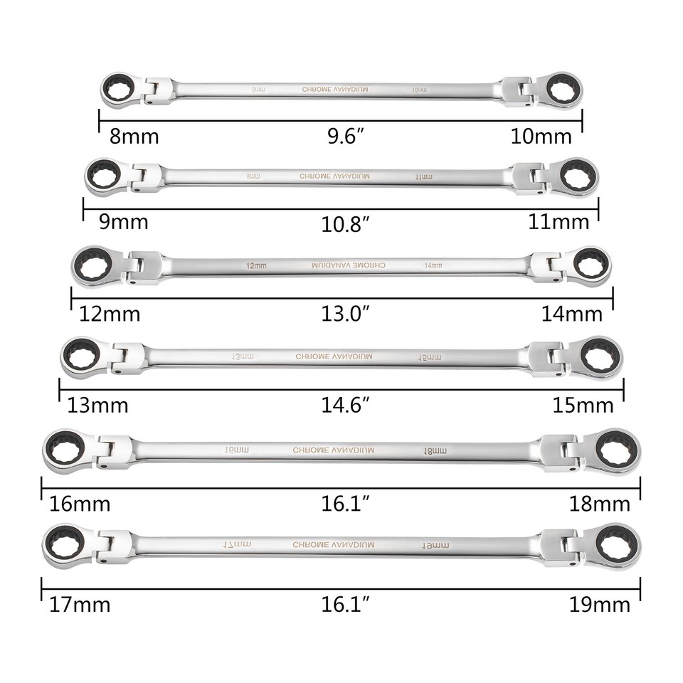6PCS Extra Long 8-19mm Metric Flexibl Head Ratcheting Wrench set Double ...