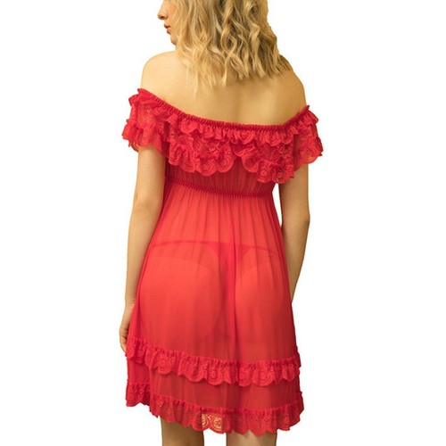 Lady Lace Night Dress Sheer Ruffle Off Shoulder Sleepwear Nightwear ...