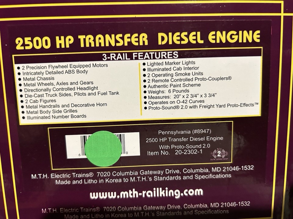 MTH 20-2302-1 2500 HP Transfer Engine PRR (Powered, PS2, NIB) | eBay