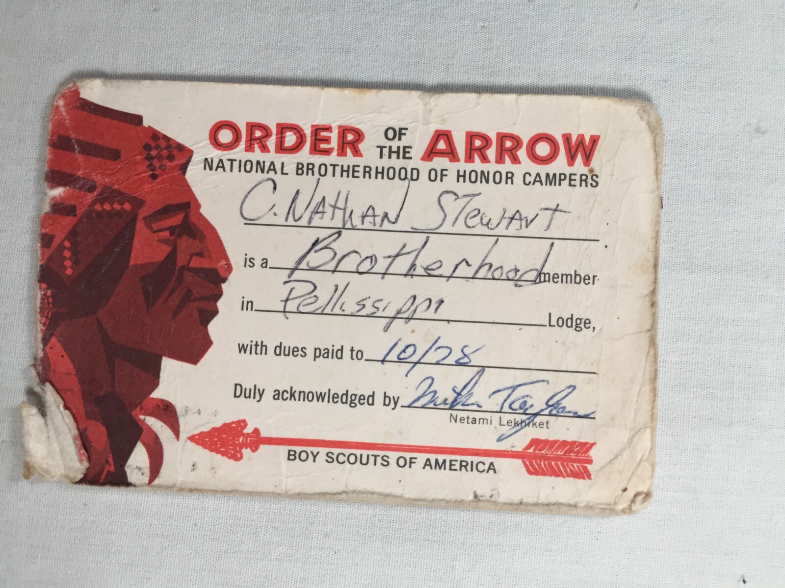 Pellissippi OA Lodge 230 1978 Brotherhood membership card BSA Paperwork ...