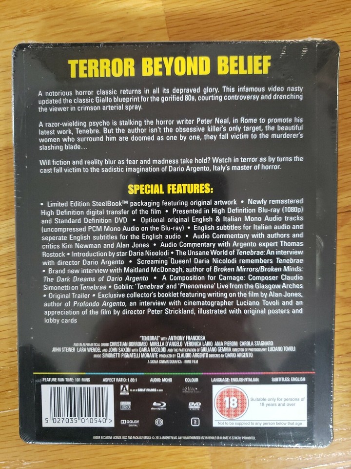Tenebrae Blu-ray/DVD Arrow UK Steelbook OOP Brand New Argento Limited ...