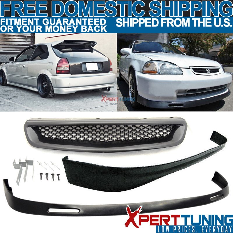 Fit 1996-1998 Civic EK 3Dr BYS Front + Rear Bumper Lip + T-R Front Hood ...