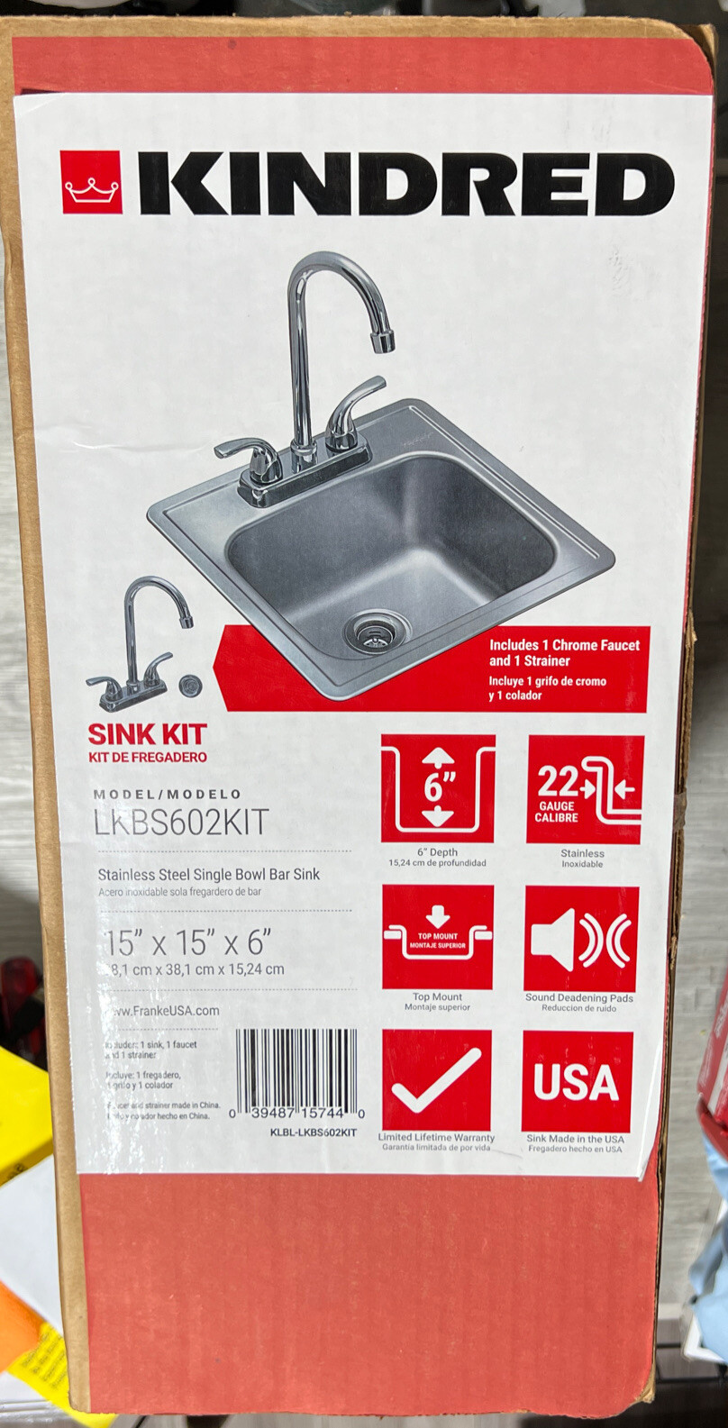 Kindred FBFS602NKIT Essentials 15''x15''x6'' Drop-In Faucet Bar Sink ...