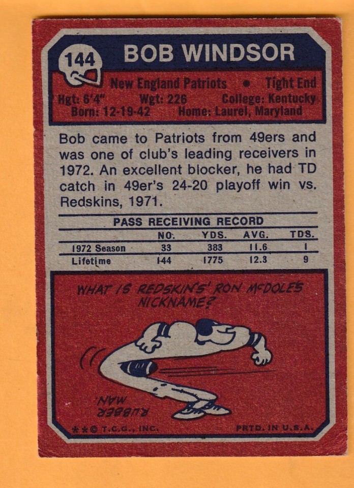 Bob Windsor New England Patriots 1973 Topps #144 Kentucky Wildcats | eBay