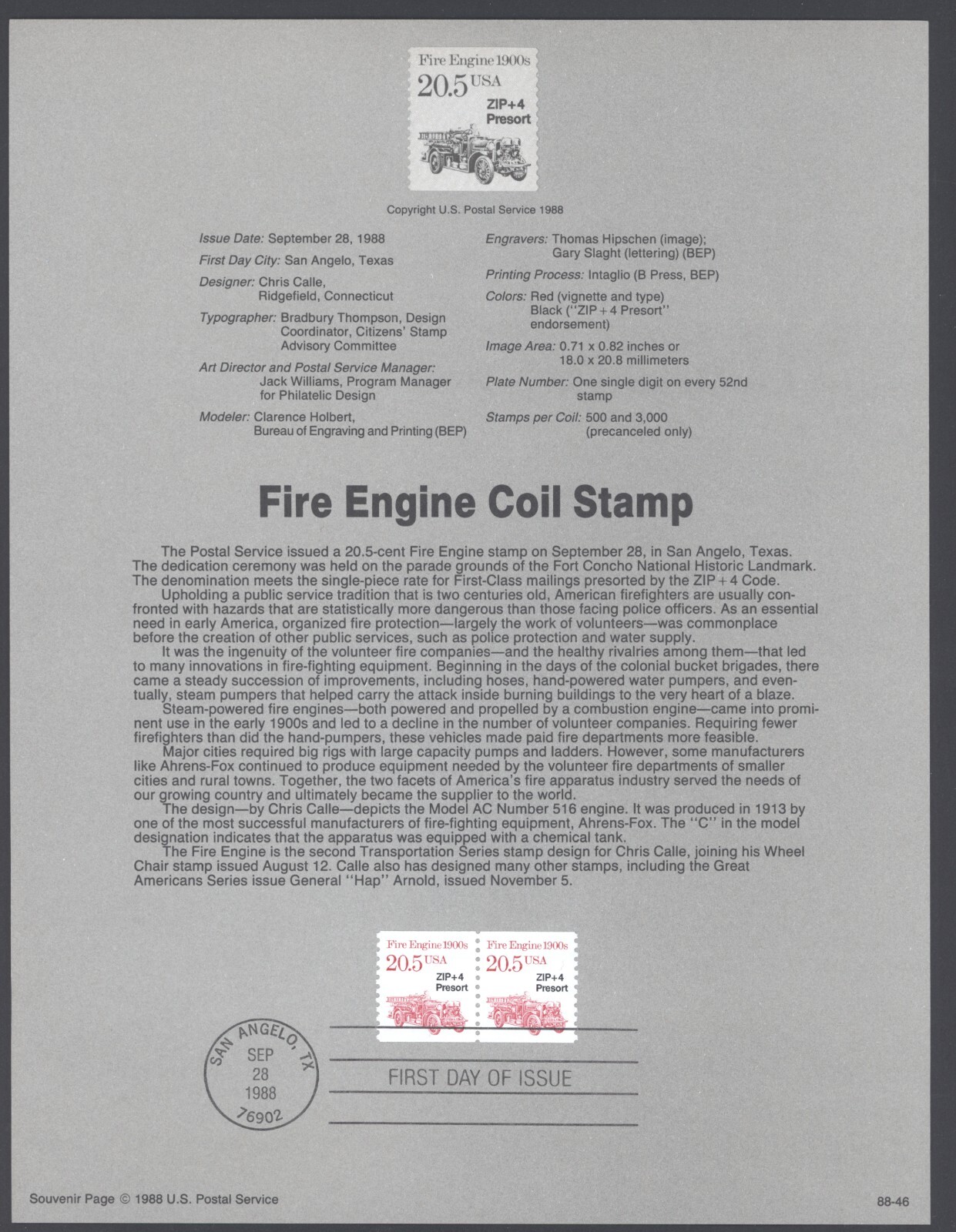 1988 US Souvenir Page #SP777 of Scott #2264, Fire Engine Coil | eBay