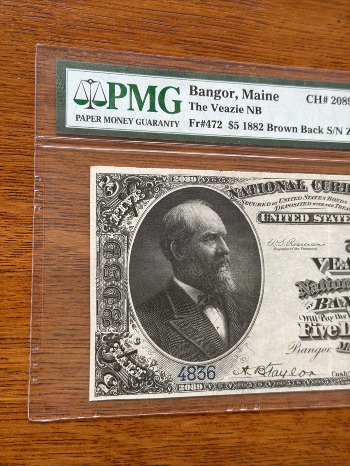 PMG 1882 $5 AU 55 Brown Back Veazie NB Bangor Maine National Note 🇺🇸 | eBay