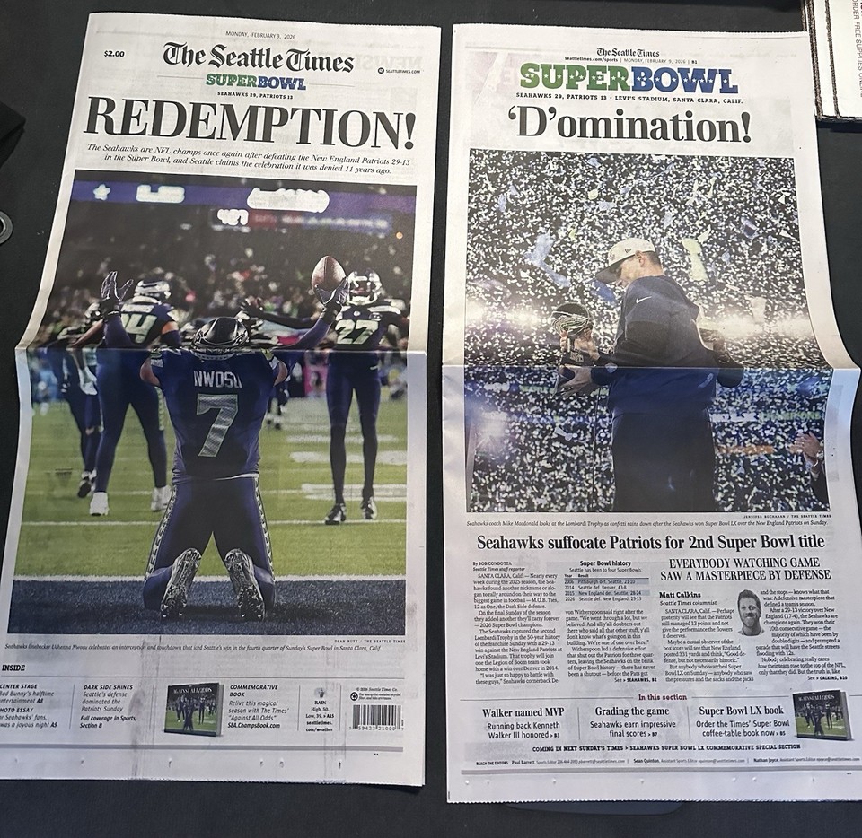 SEATTLE SEAHAWKS SEATTLE TIMES FULL NEWSPAPER 2/9/2026 SUPERBOWL CHAMPS ...