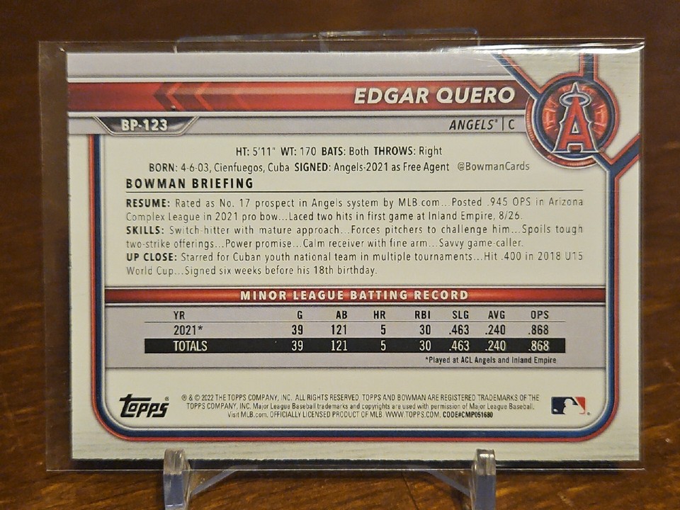 2022 Bowman Edgar Quero (1st Bowman) Paper #BP-123 Los Angeles Angels ...