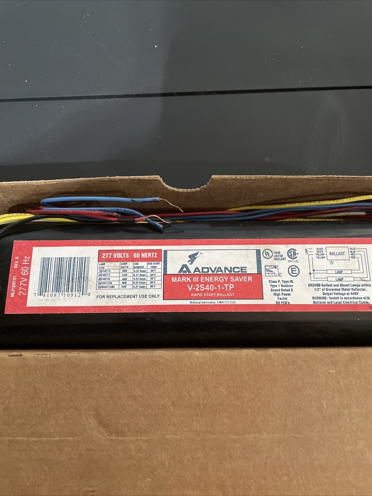 Advance Transformer Ballast Mark III V-2540-1-tp 277v Class P Type 1 ...