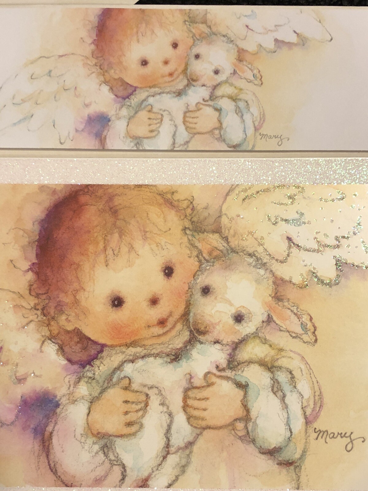 2 Vintage Mary Hamilton Christmas Cards Glitter Angel Lamb Decorative ...
