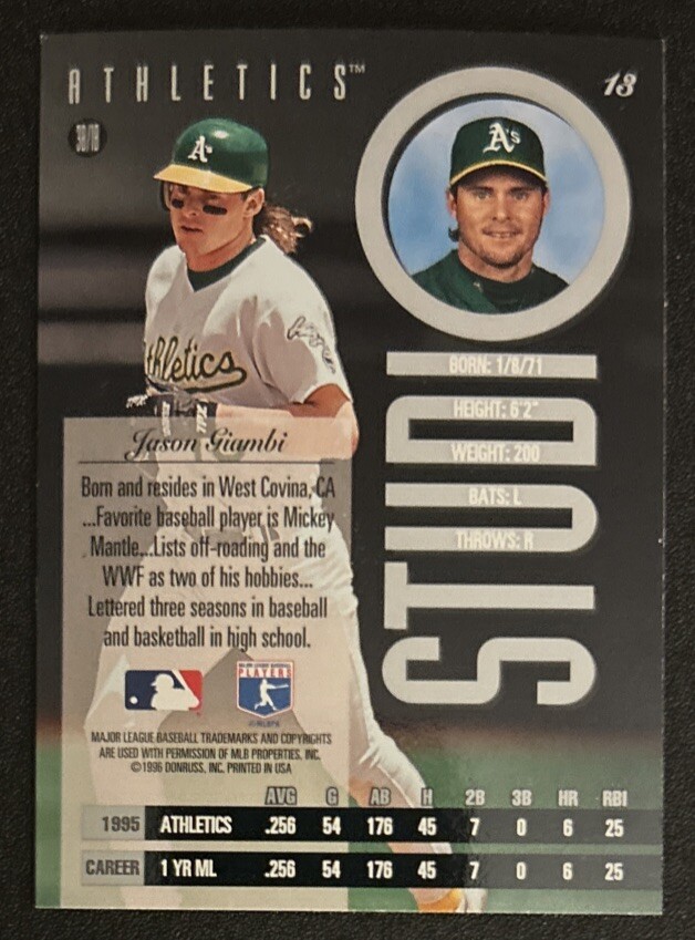 1996 Donruss Leaf Studio Jason Giambi Card #13 Athletics 3B/1B Mid ...