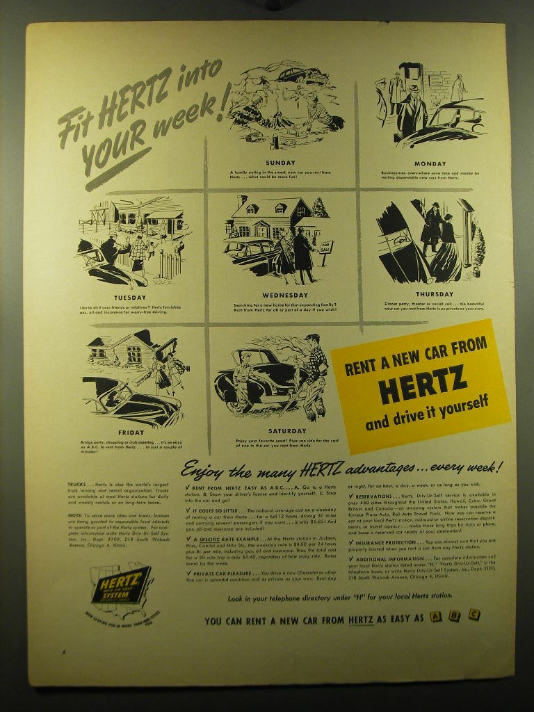 1950 Hertz Rent a Car Ad - Fit Hertz into your week | eBay