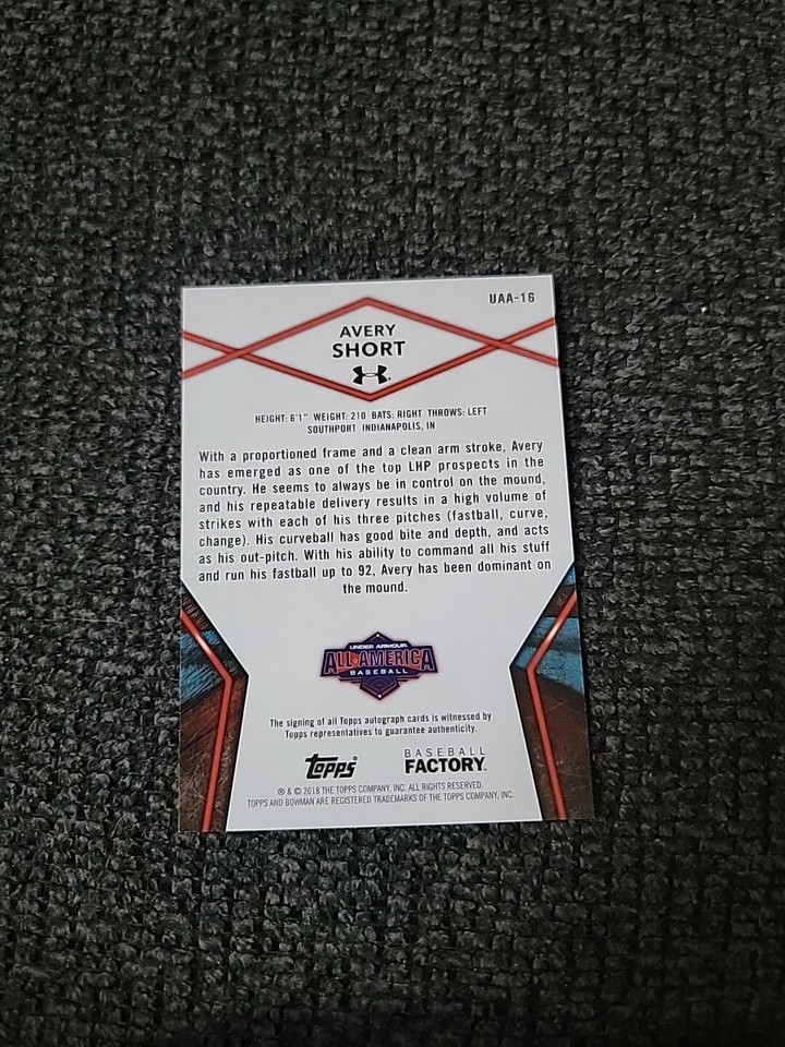 2018 Bowman Baseball Factory Avery Short Under Armour All American Auto ...