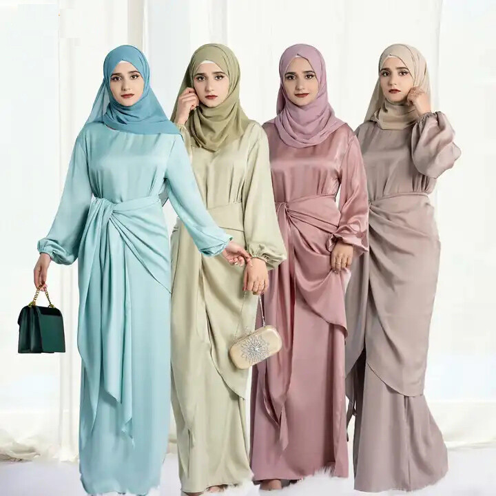 Muslim Women Satin Abaya Long Dress Wrap Skirt Set Dubai Dress Islamic ...