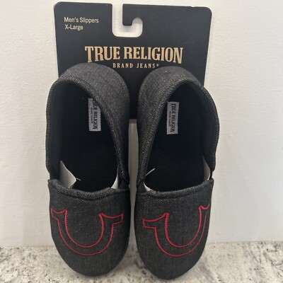 TRUE RELIGION Mens Slippers Black Denim w/ Red SZ XL 13 Slip-On Slides ...