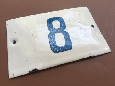 VINTAGE ENAMEL SIGN TIN PORCELAIN HOUSE NUMBER 8 DOOR GATE WHITE BLUE ...