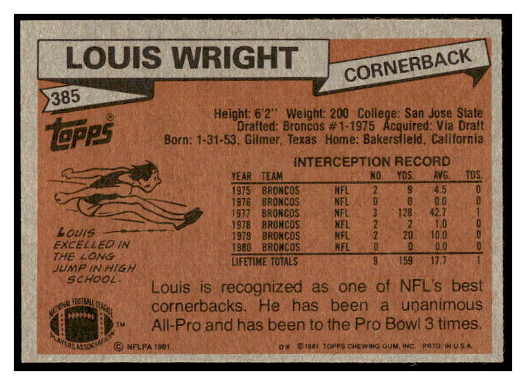 1981 Topps #385 Louis Wright Denver Broncos Excellent | eBay