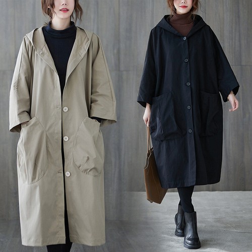 Oversize Loose Big Pocket Hooded Trench Coats Womens Over Knee Long ...