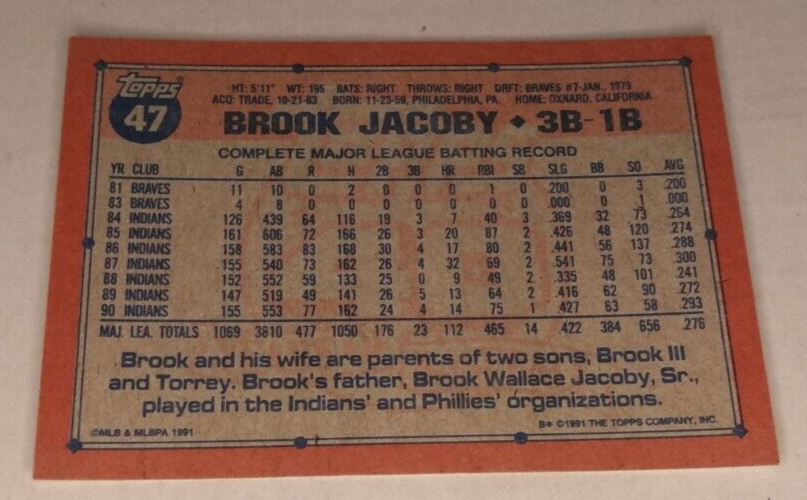 1991 Topps Brook Jacoby Cleveland Indians #47 | eBay