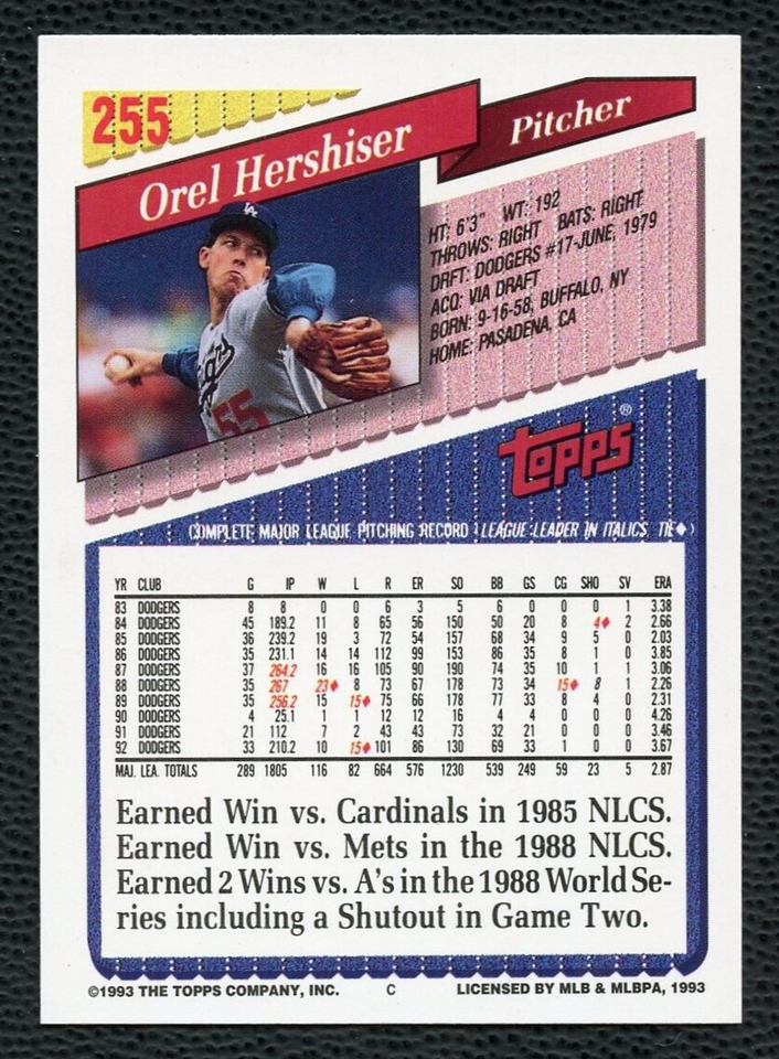 1993 Topps OREL HERSHISER Baseball Card # 255 Los Angeles LA Dodgers | eBay