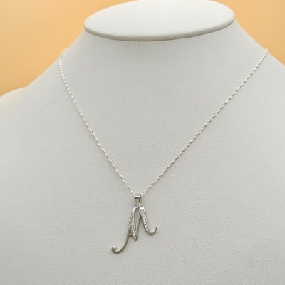 Solid 925 Sterling Silver CZ Initial Cursive Letter Pendant Chain ...