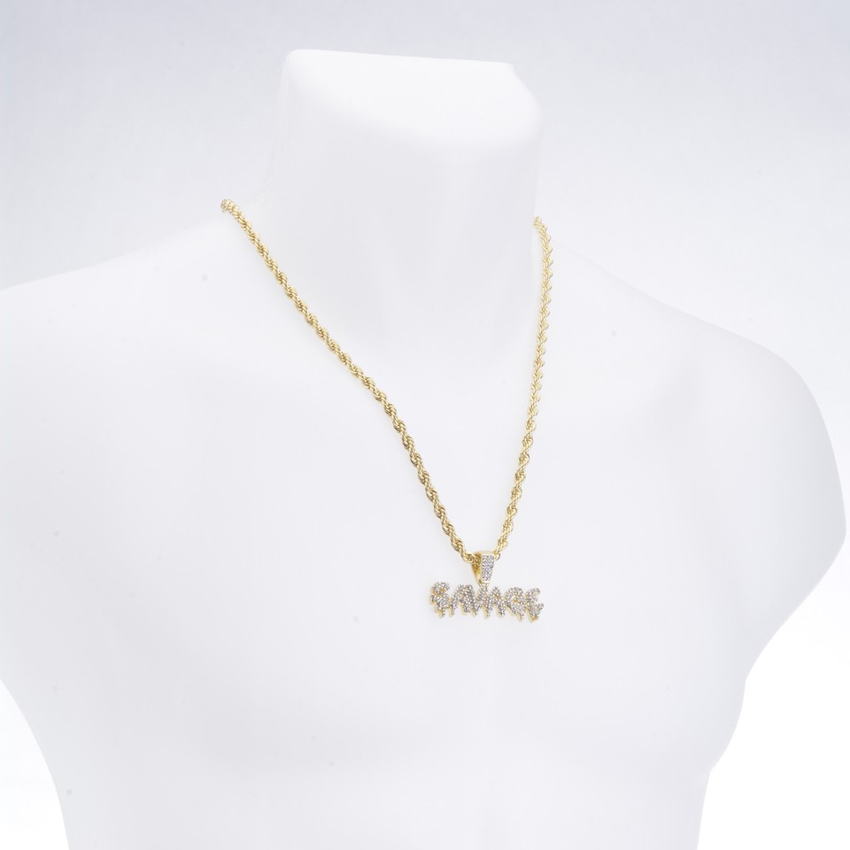 Men's Gold Plated Iced CZ Savage Pendant 24" Rope Chain Necklace Hip ...