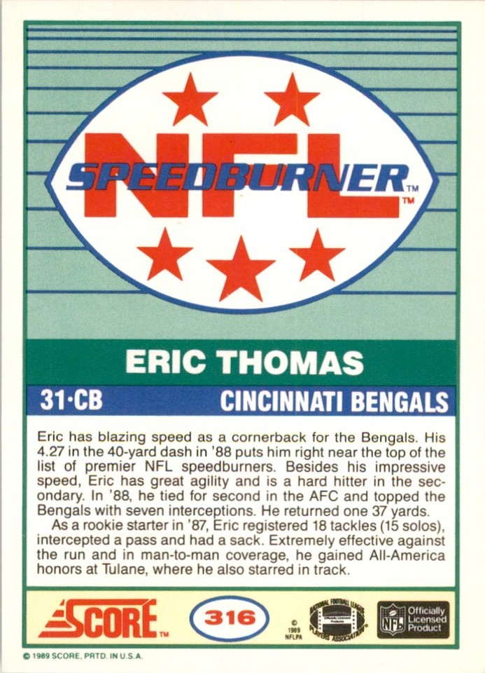 1989 SCORE ERIC THOMAS CINCINNATI BENGALS #316 | eBay