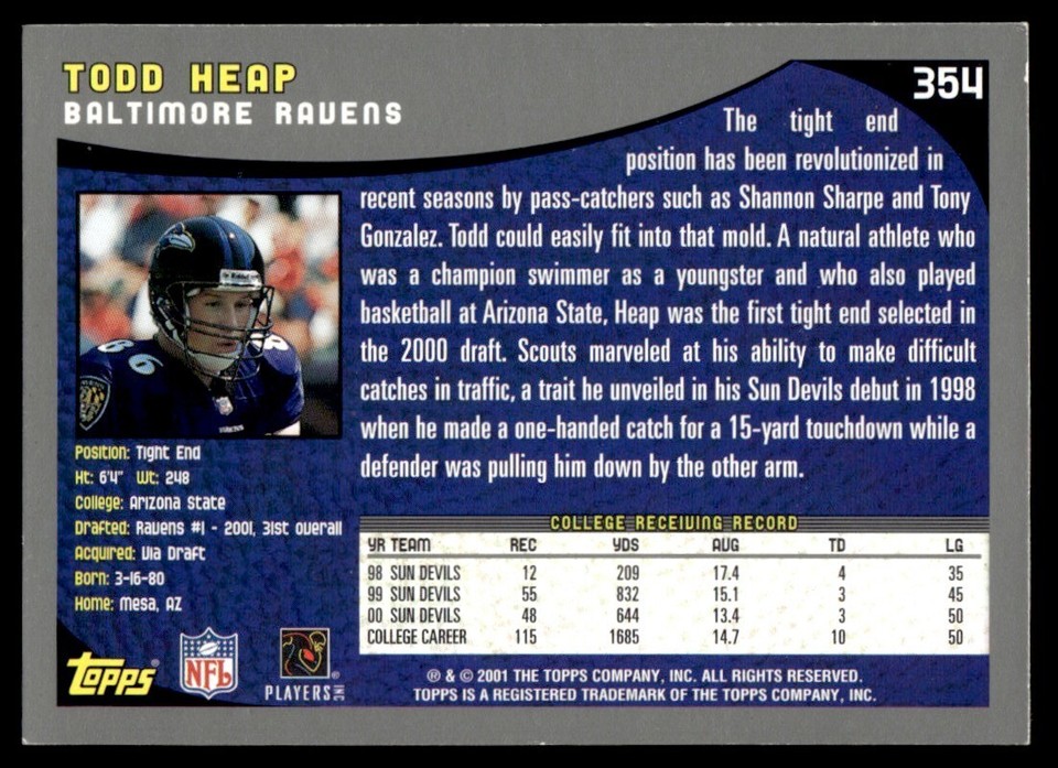 2001 Topps Collection Todd Heap Rookie Baltimore Ravens #354 | eBay
