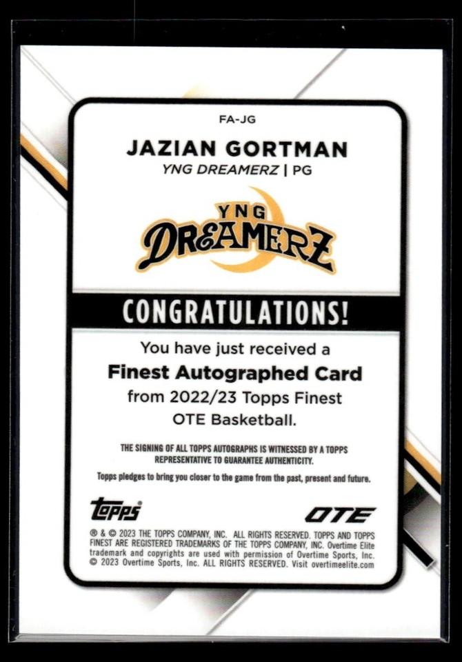 2022-23 Topps Finest OTE Jazian Gortman #FA-JG Autograph Auto YNG ...