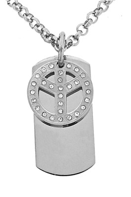 STAINLESS STEEL CRYSTAL SET PEACE SIGN DOG TAG PENDANT , WITH 18" CHAIN ...