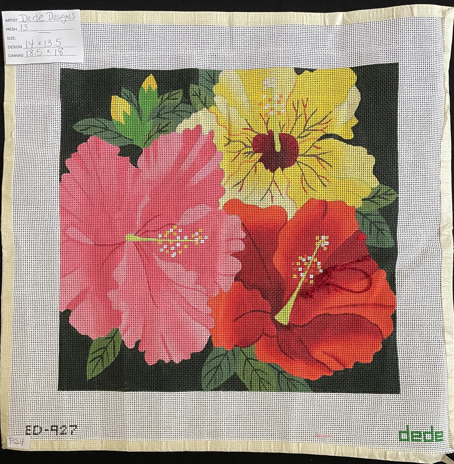 HP Needlepoint 13ct DEDE DESIGNS 3 large Colorful Hibiscus flowers, prt ...