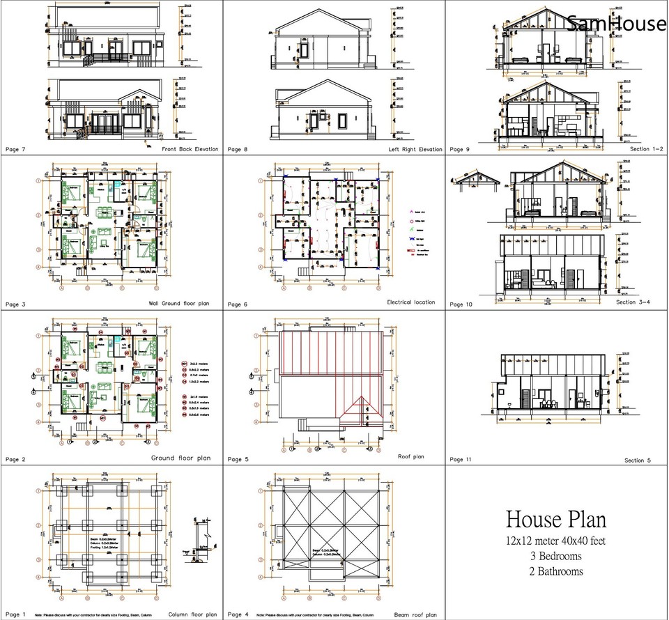 40x40 Feet House Plans 12x12 Meter 4 Bedrooms 2 Baths Gable Roof (A4 ...