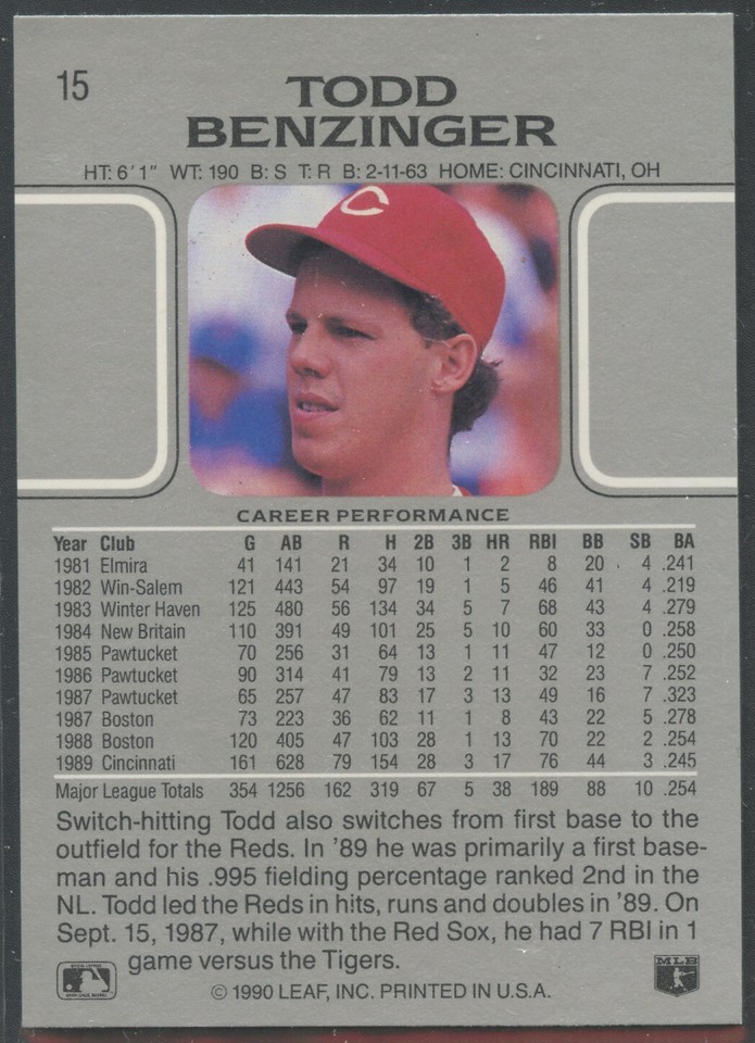 1990 Leaf #15 Todd Benzinger Cincinnati Reds | eBay