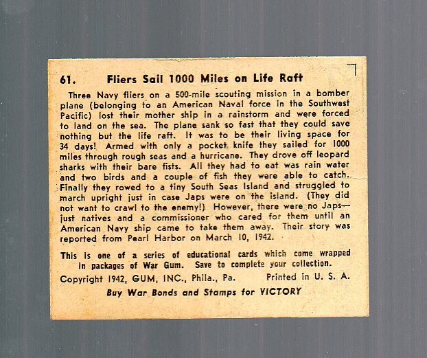 War Gum - Card # 61 - Gum, Inc. (1941-2) 1000 Miles on Raft | eBay