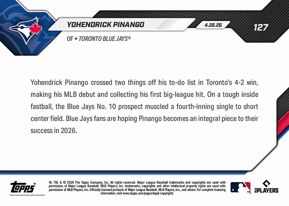 Yohendrick Pinango RC Blue Jays Debut 2026 MLB Topps NOW Card 127 ...