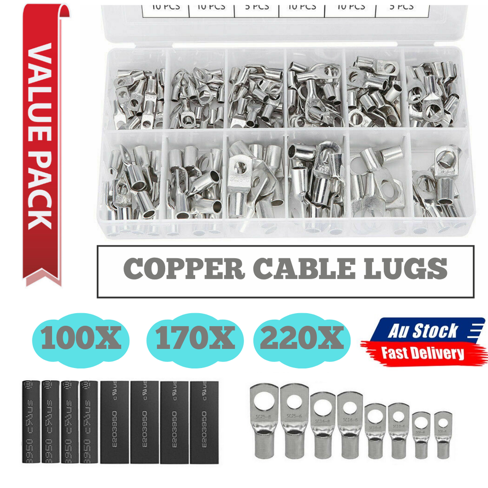 100X Tinned Battery Copper Cable Lugs Crimp Terminals Kits Wire ...