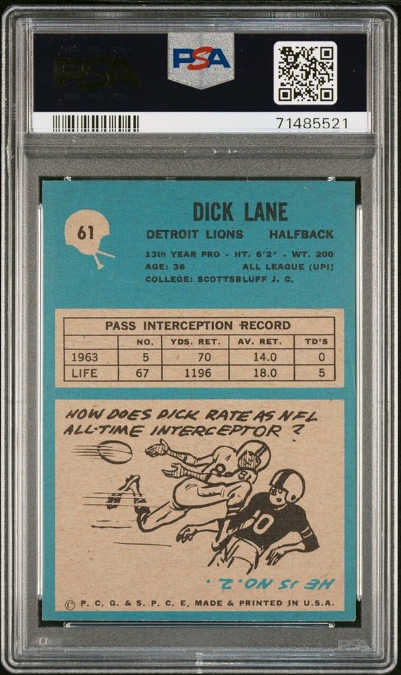 1964 Philadelphia, PSA 8, DICK "Night Train" LANE #61 Detroit Lions ...