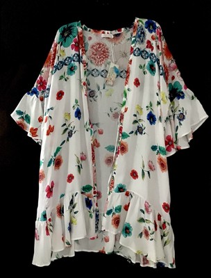 Johnny Was California White Multicolor Floral Short Kimono Cover Up L ...