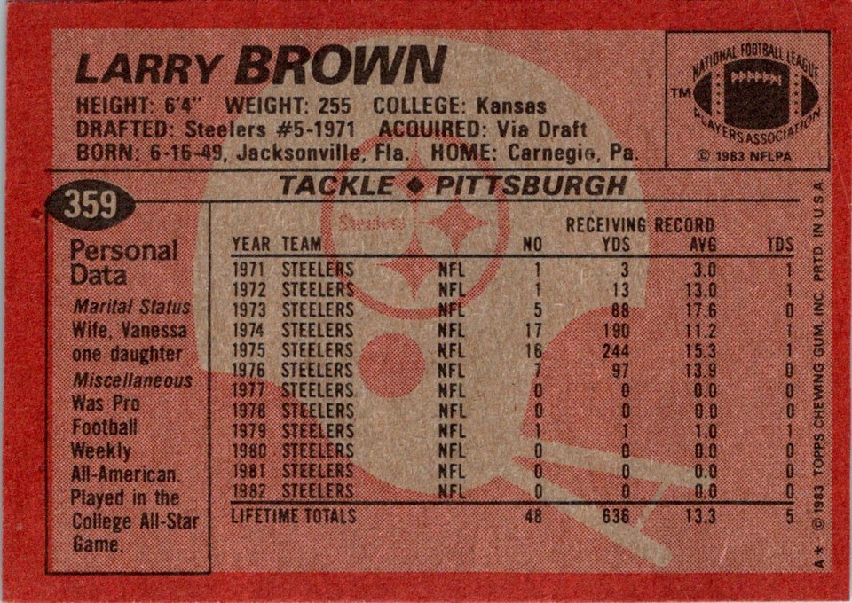 1983 Topps Larry Brown #359 Pittsburgh Steelers Football Card | eBay