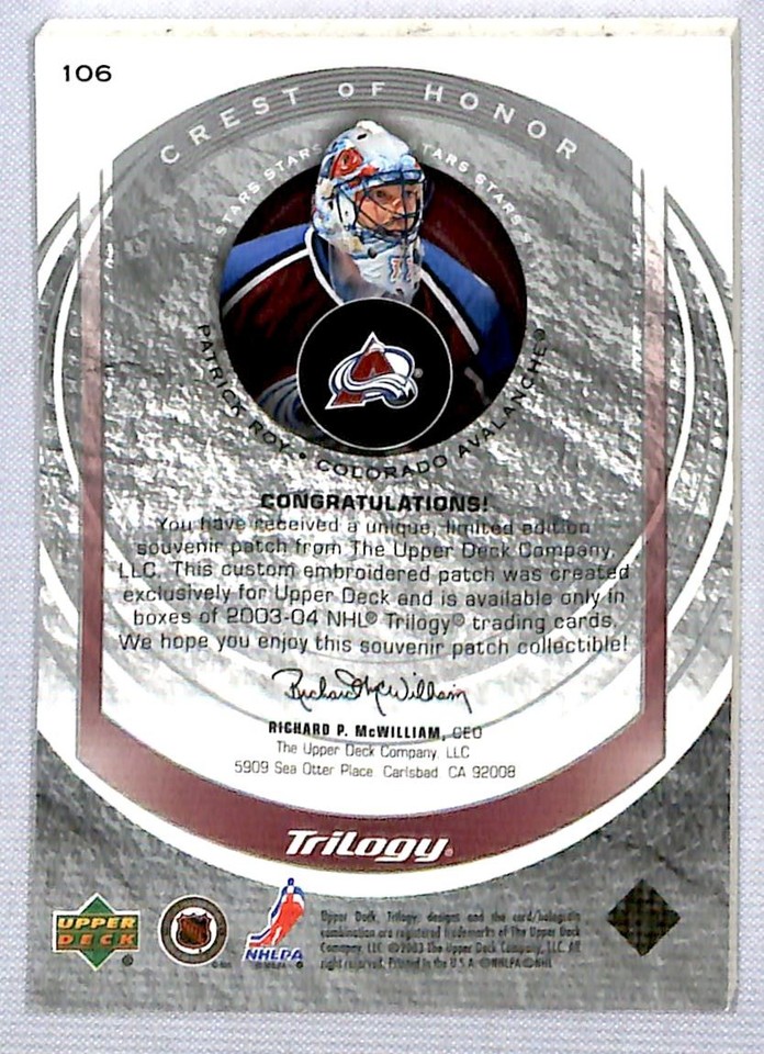 Patrick Roy 2003-04 UD Trilogy Crest #106 Colorado Avalanche | eBay