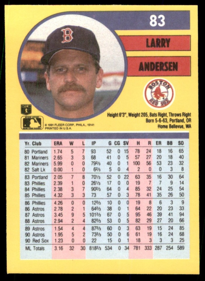 1991 FLEER LARRY ANDERSEN BOSTON RED SOX #83 | eBay