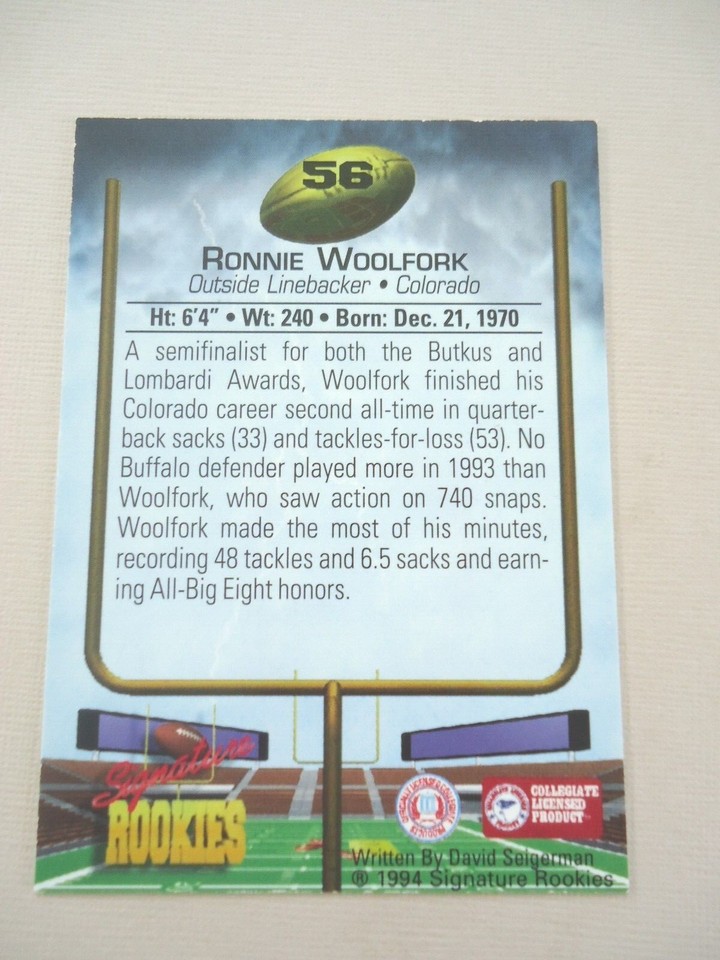 Ronnie Woolfork - 1994 Sig. Rc's Autographed Football card # 56 ...
