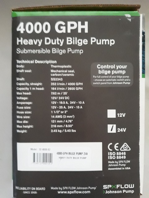 Pump Bilge Purpose Pro Johnson L4000 252l/min 24v for sale online | eBay