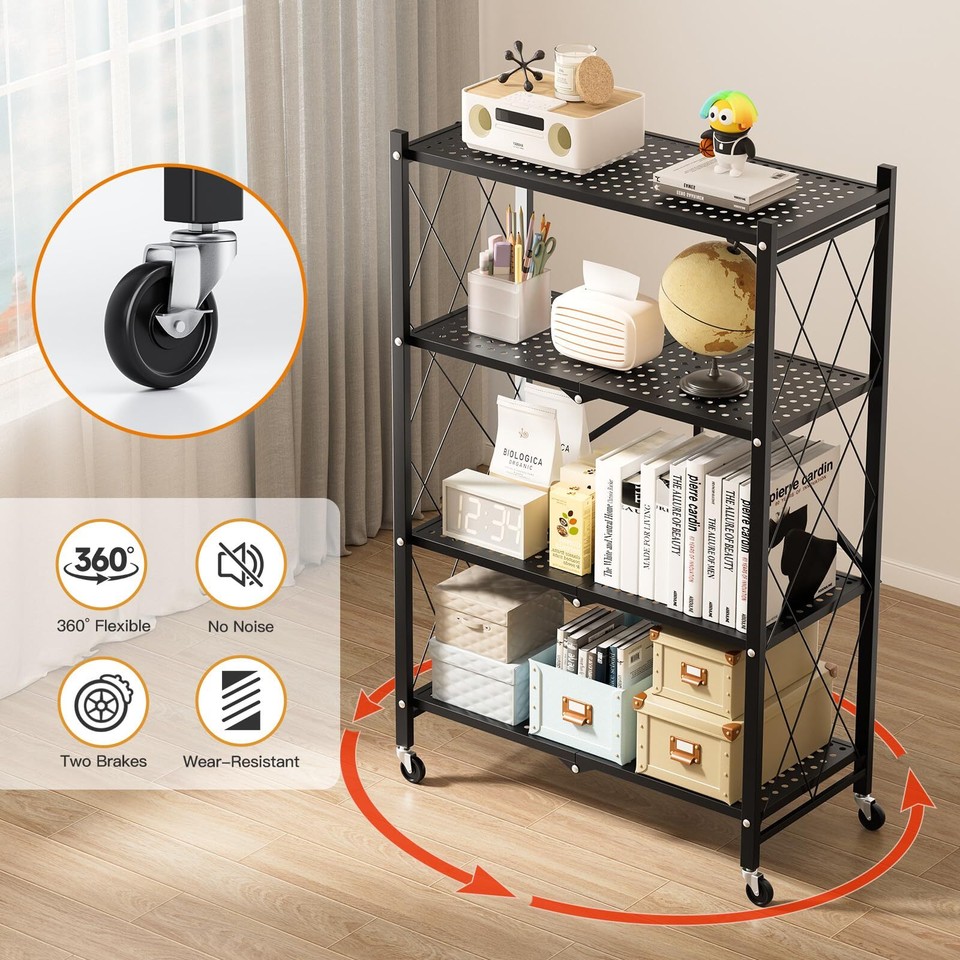 4-Tier Foldable Metal Rack Storage Shelving Unit with Wheels Moving ...