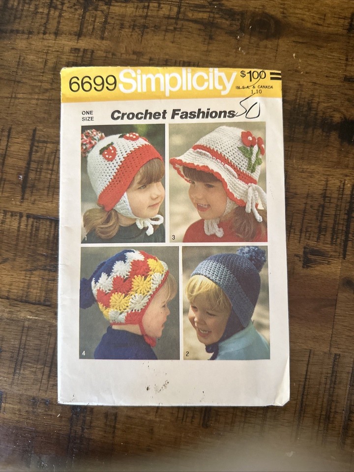 New 1974 Simplicity 6699 Crafts Pattern Crochet Toddlers Hats One Size ...